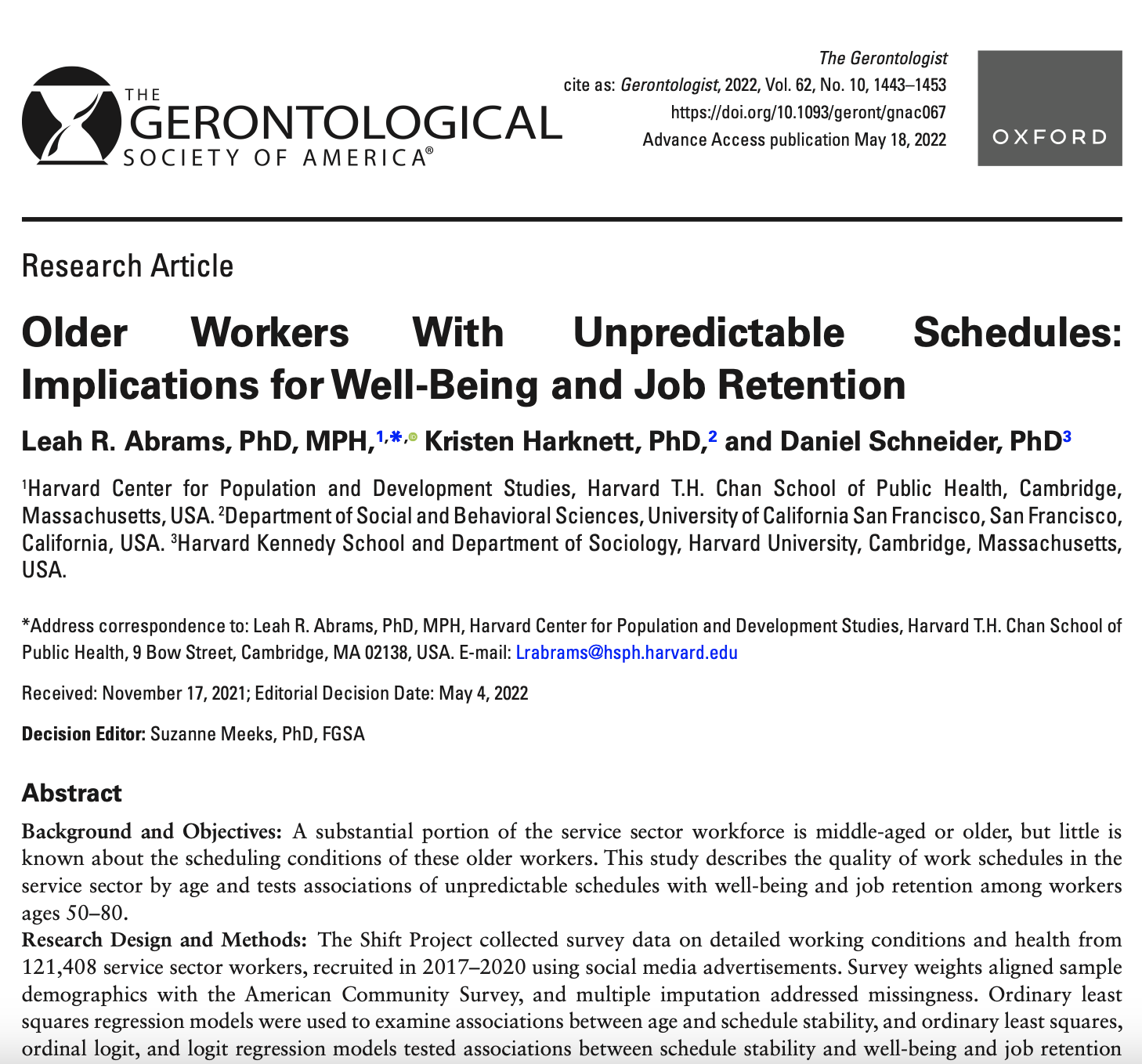 Older Workers with Unpredictable Schedules: Implications for Well-being ...